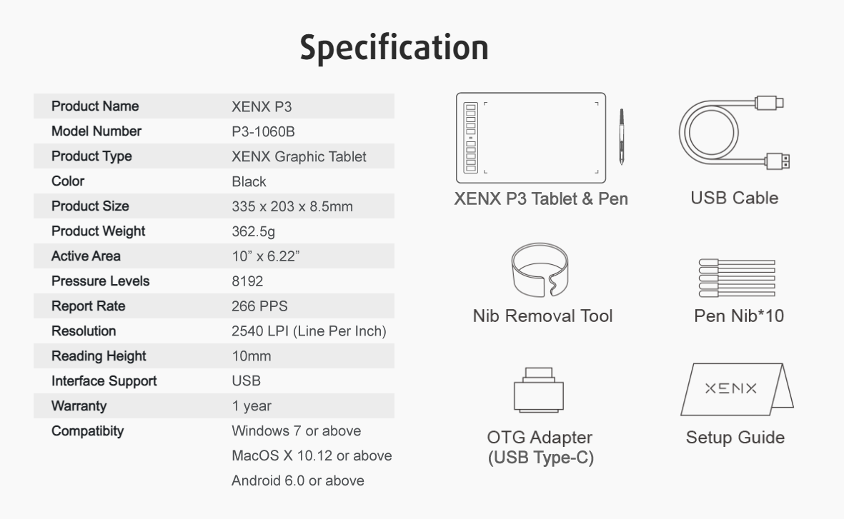 Xenx P3-1060B Graphic Tablet – XENX